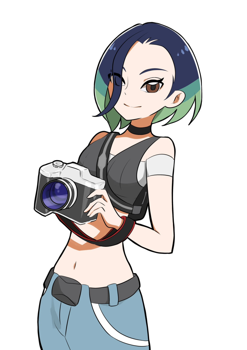 Safebooru - 1girl armband bare shoulders black armband black choker blue hair bob cut breasts ...