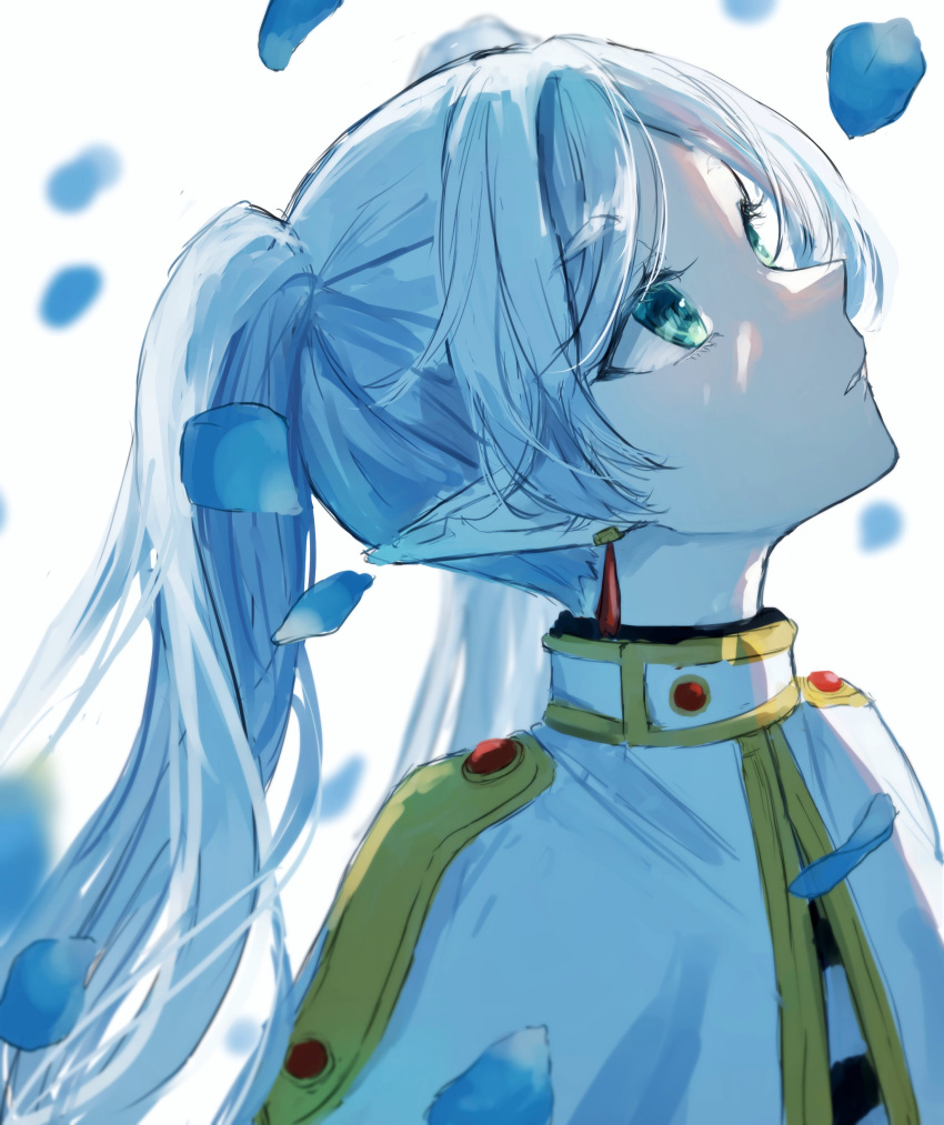 Safebooru - 1girl absurdres blue petals capelet commentary request elf falling petals frieren ...