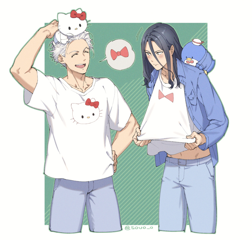 Safebooru - 2boys blue hair closed eyes denim hello kitty hello kitty ...