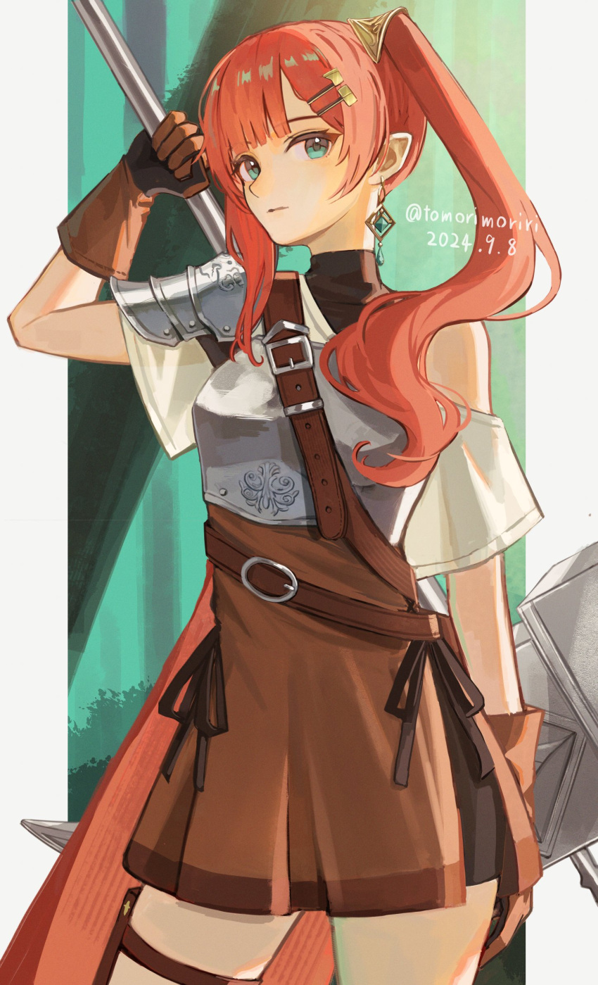 Safebooru - 1girl armor belt blue eyes breastplate brown gloves closed mouth commentary earrings ...