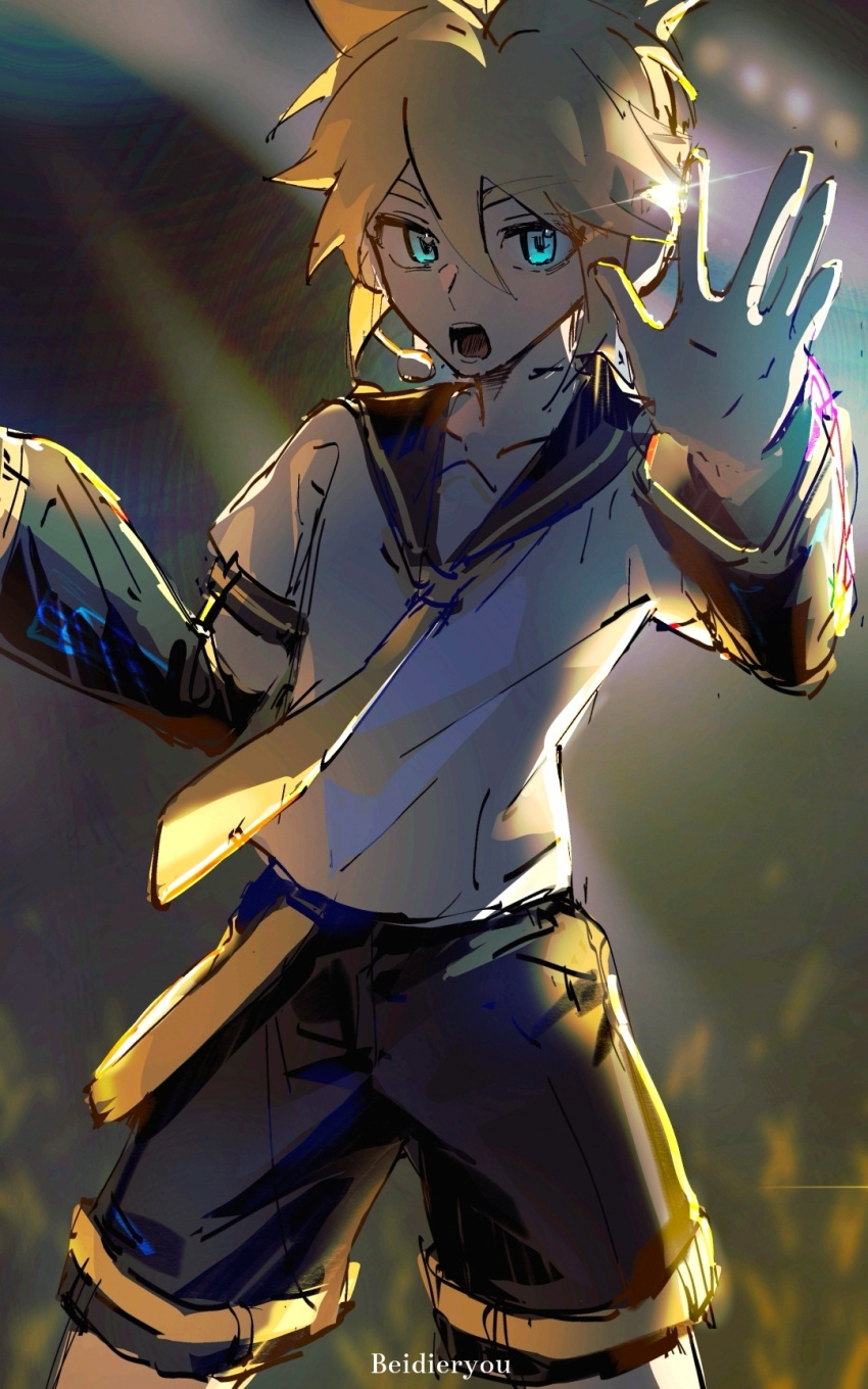 Safebooru - 1boy black sailor collar black shorts black sleeves blonde hair blue eyes blurry ...