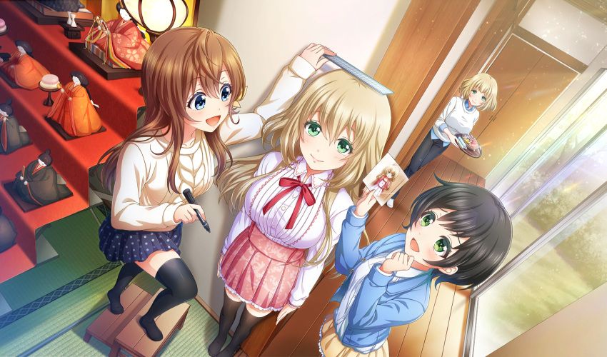 Safebooru - 4girls :d arihara tsubasa black hair black pants black thighhighs blonde hair blue ...