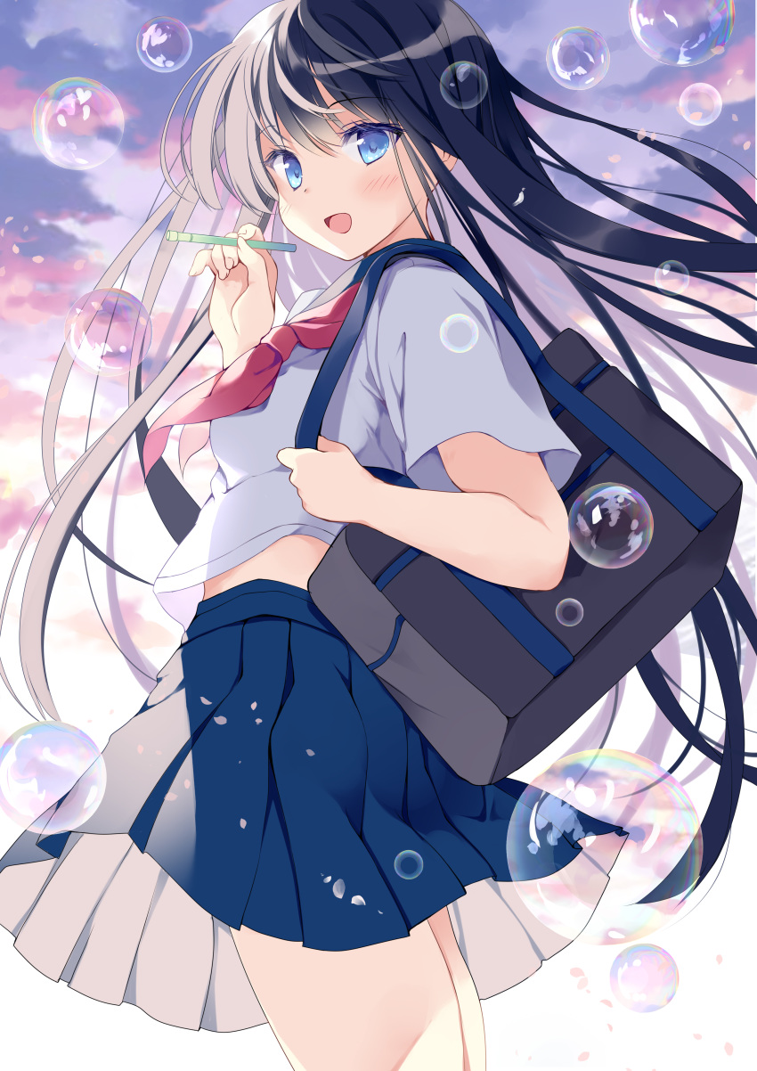 Safebooru - 1girl :d absurdres bag bangs black hair blue eyes blue skirt breasts bubble bubble ...
