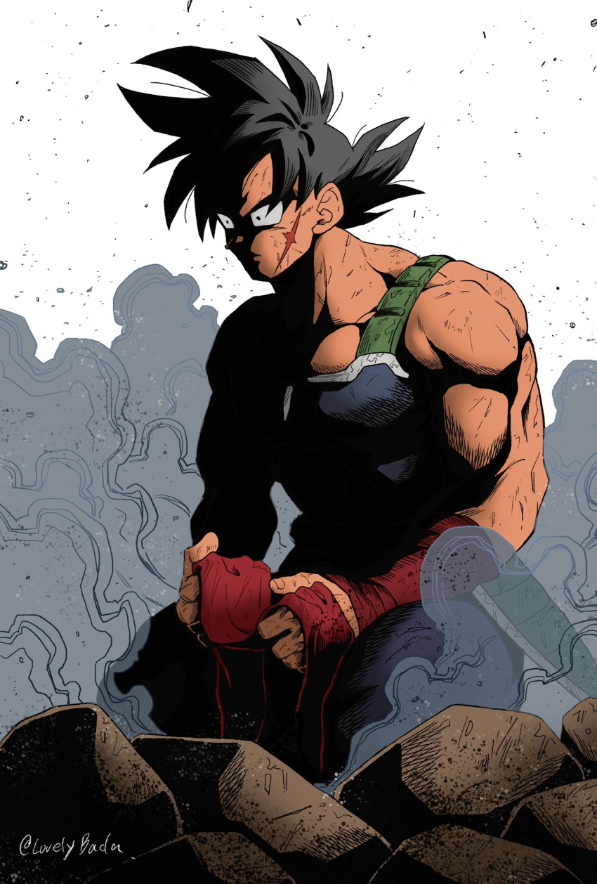 Safebooru - 1boy after battle arm rest armor ashes bandana bardock ...