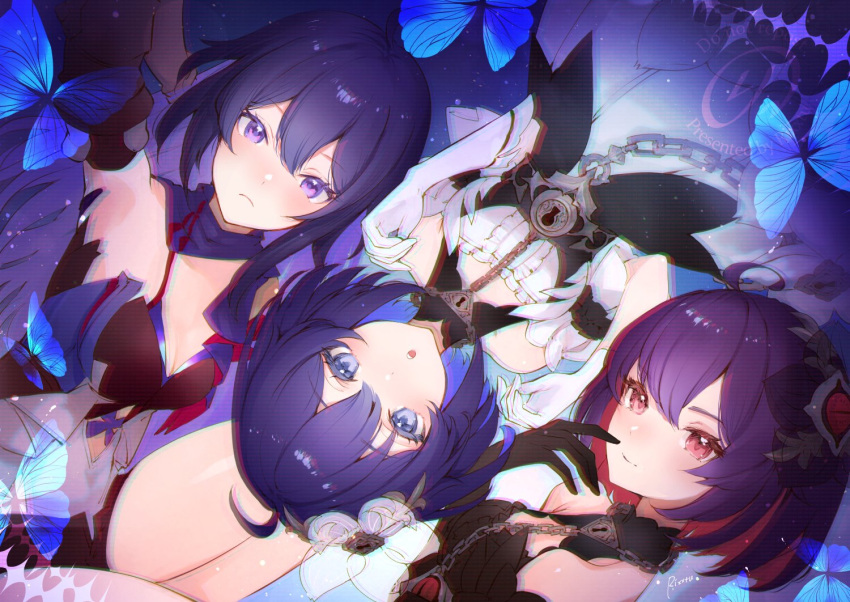 Safebooru - 3girls :o black dress black gloves black hair blue butterfly blue hair blush bug ...