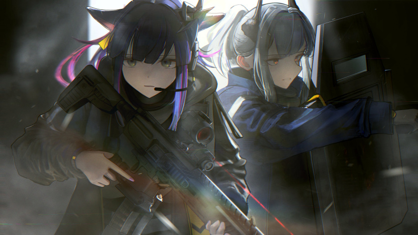 Safebooru - 2girls absurdres animal ears arknights ballistic shield black jacket black shirt ...