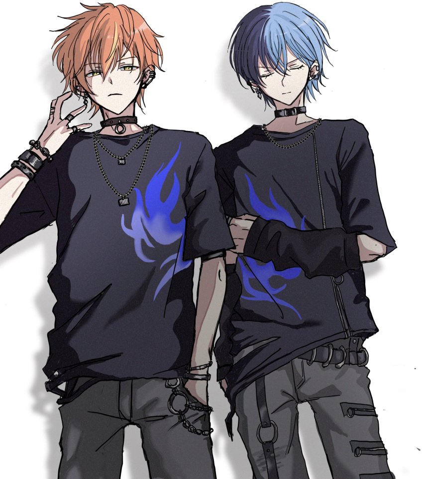 Safebooru - 2boys akt ri lv aoyagi touya arm across chest arm up belt black belt black choker ...
