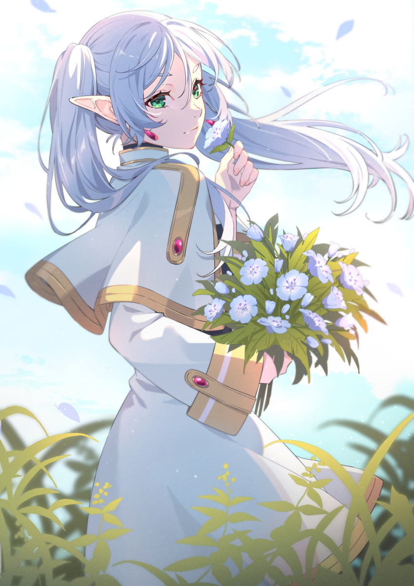 Safebooru - 1girl blue sky bubble1995 capelet closed mouth commentary request cowboy shot dress ...