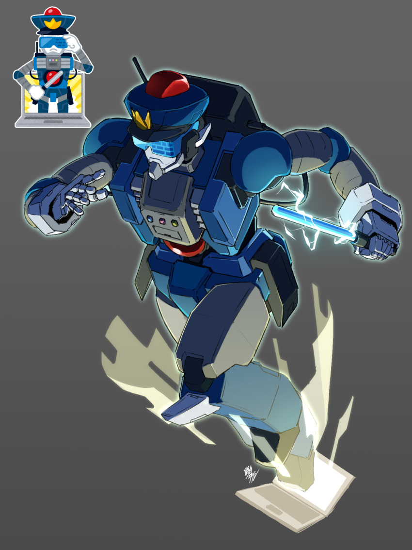 Safebooru - computer full body grey background highres holding baton ...