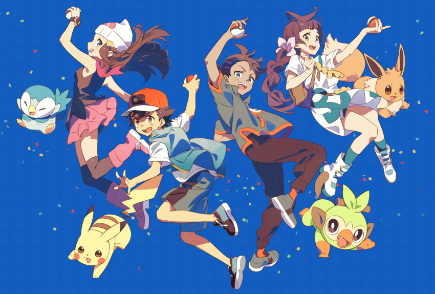 Safebooru - 2boys 2girls ash ketchum black hair blue background blue ...