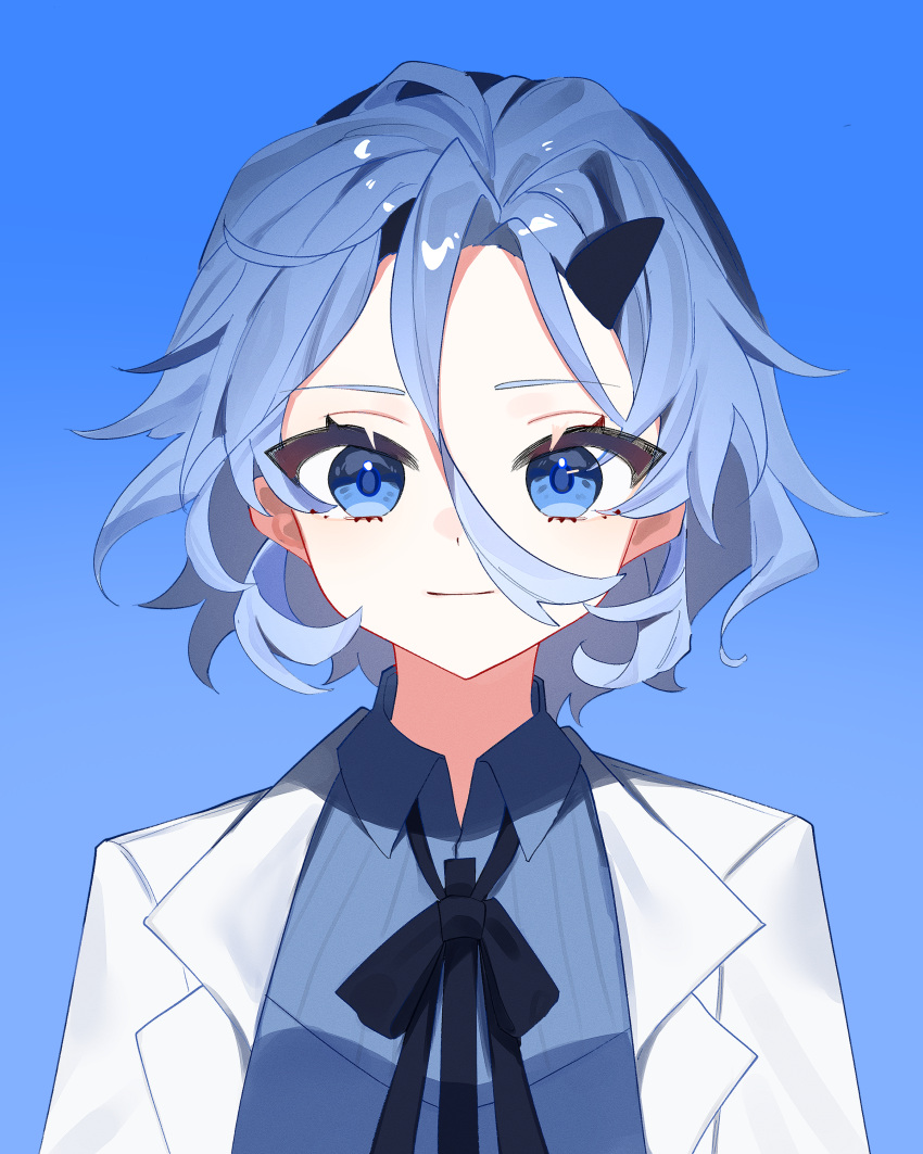 Safebooru - 1girl absurdres black bow black bowtie blue background blue eyes blue hair blue ...