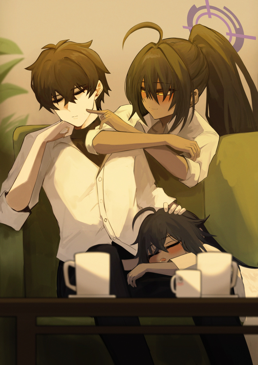 Safebooru - 1boy 2girls absurdres ahoge alternate costume black hair black undershirt blue ...