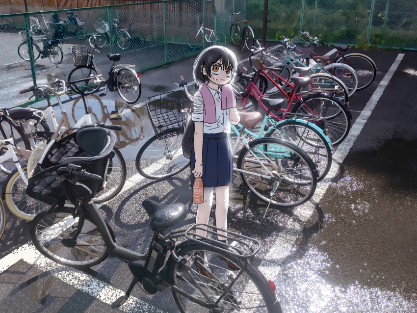 Safebooru - 1girl after rain arm at side backpack bag bags under eyes bicycle black hair blue ...