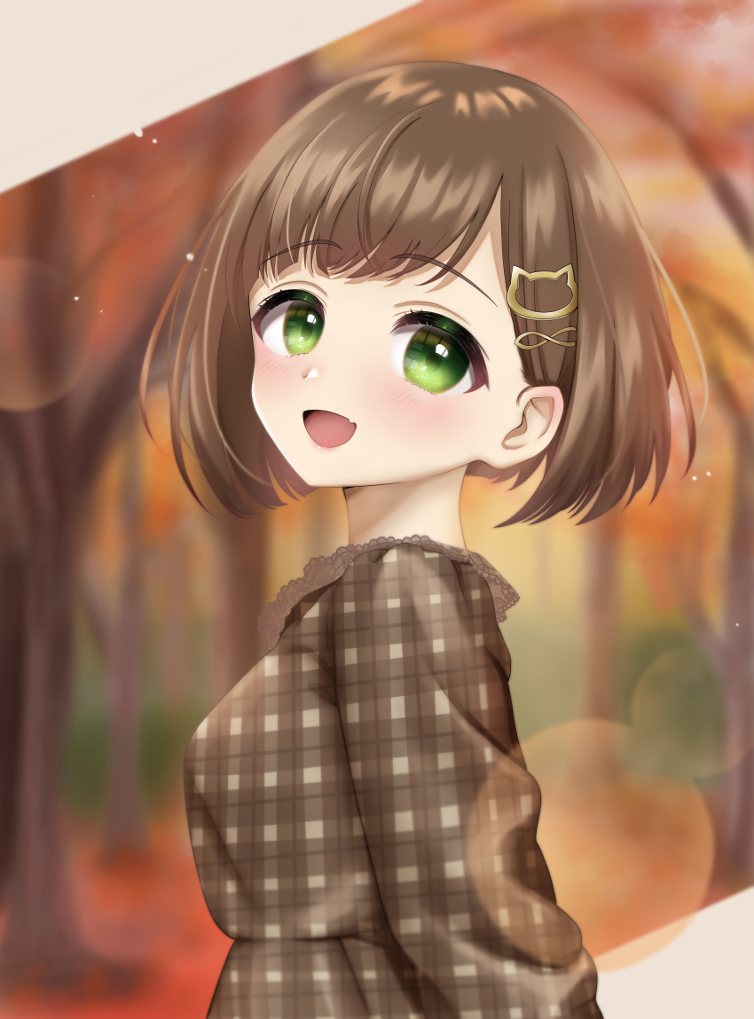 Safebooru - 1girl absurdres autumn blurry blurry background blush brown dress brown hair ...