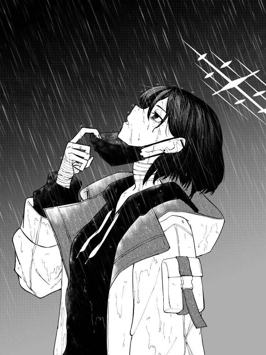 Safebooru - 1girl bandaged arm bandaged neck bandages black hoodie black mask blue archive coat ...