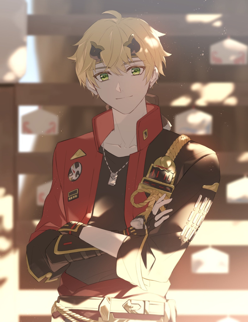 Safebooru - 1boy ahoge aiguillette belt black gloves black shirt blonde hair blurry blurry ...