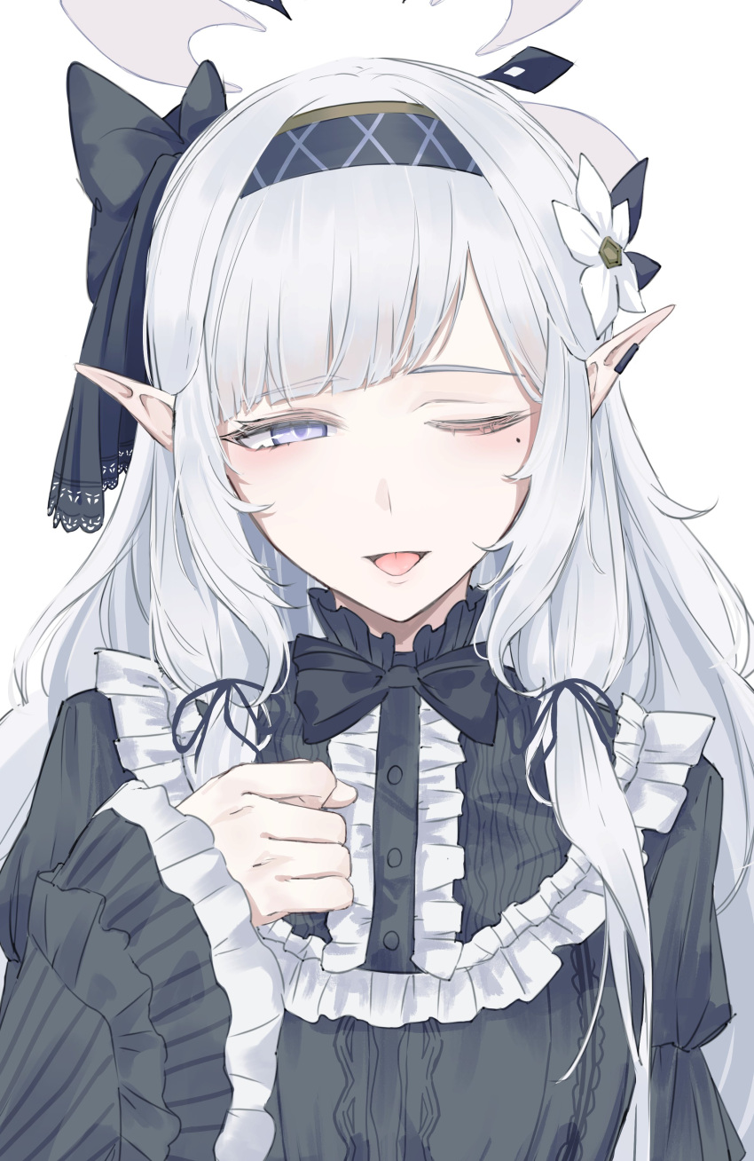 Safebooru - 1girl absurdres black dress black hairband blue archive dress flower grey halo hair ...