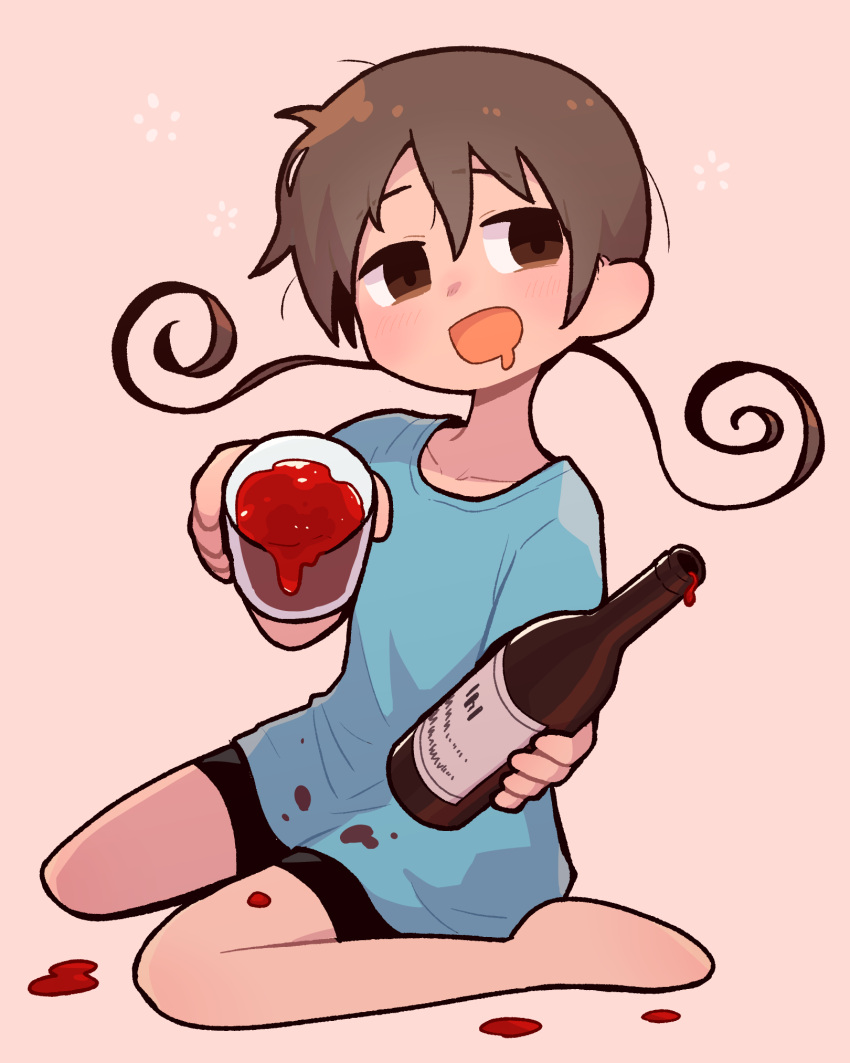 Safebooru 1girl Alcohol Bike Shorts Black Hair Black Shorts Blue 3541
