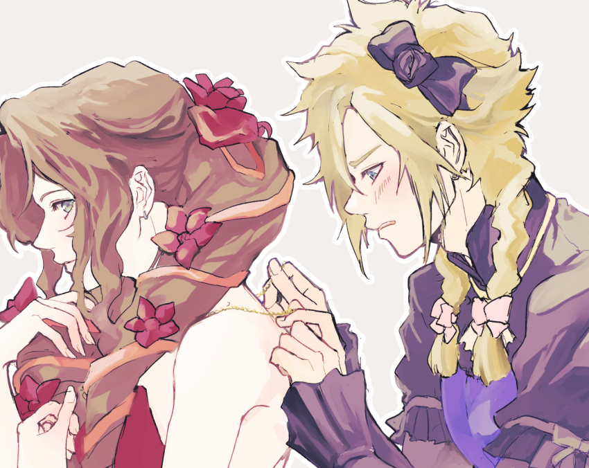 Safebooru - 1boy 1girl aerith gainsborough aerith gainsborough (red dress) bare shoulders black ...