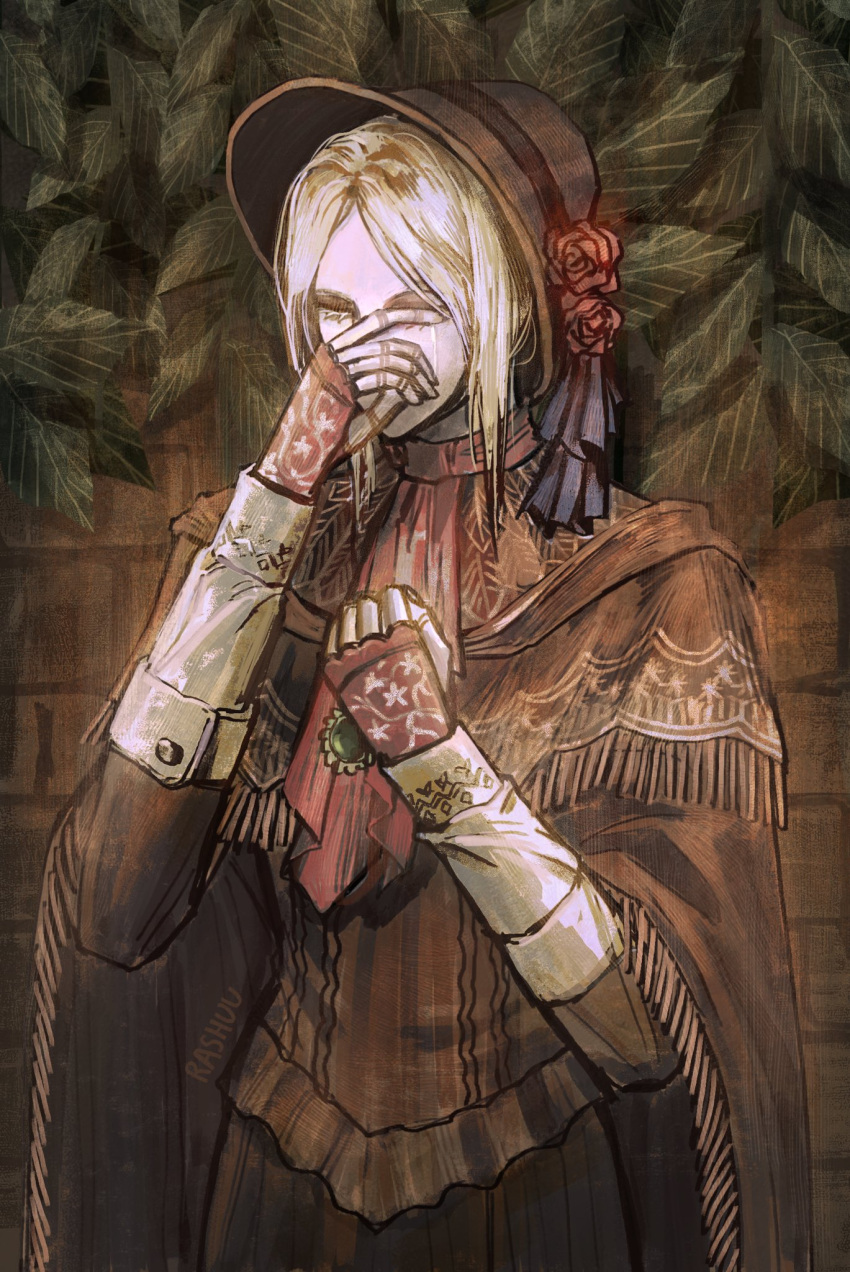 Safebooru - 1girl arms up ascot bloodborne bonnet brown bonnet brown cloak cloak closed eyes ...