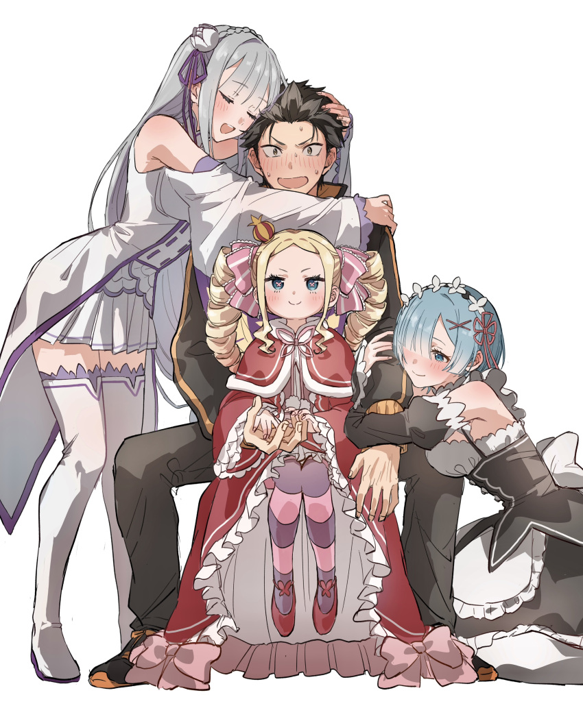 Safebooru - 1boy 3girls :d absurdres arm hug bare shoulders beatrice (re:zero) black dress black ...