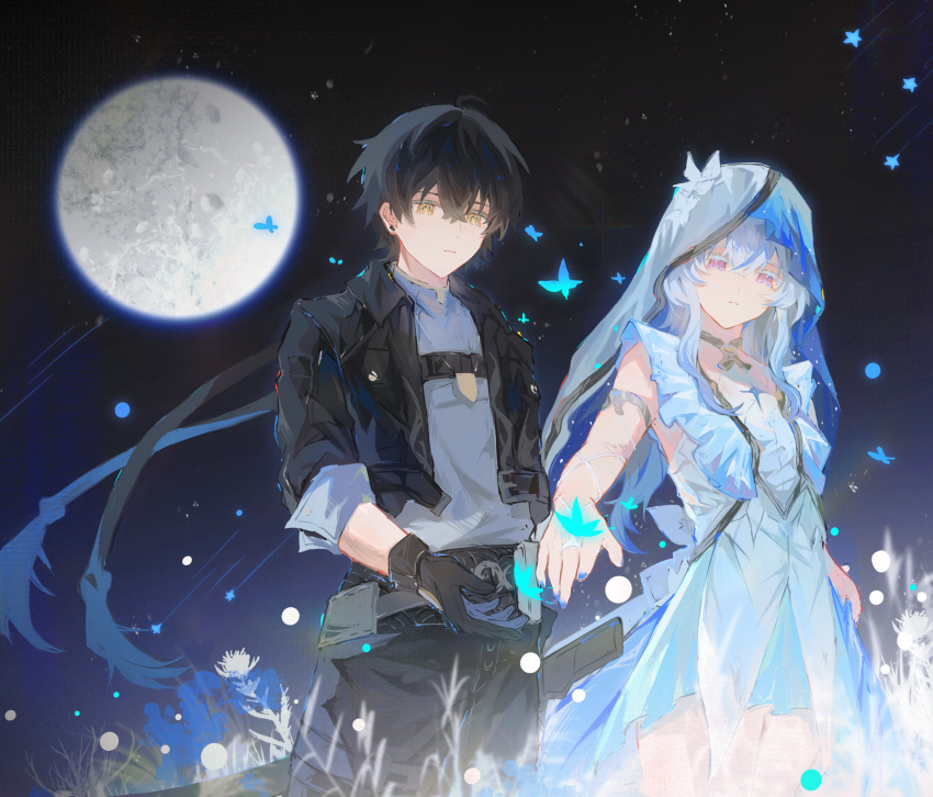 Safebooru - 1boy 1girl absurdres armlet black gloves black hair black jacket black pants blue ...