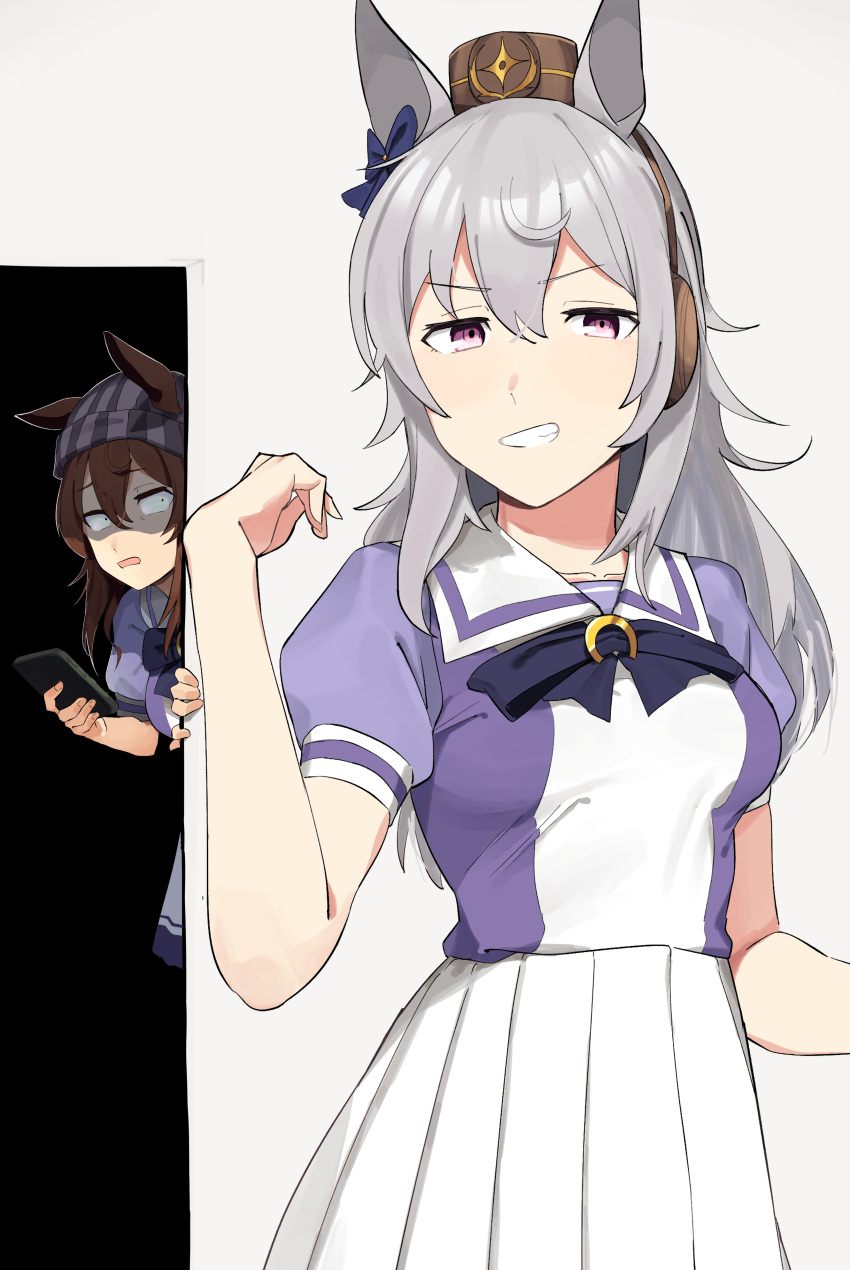 Safebooru - 2girls absurdres animal ears beanie blue bow borrowed ...