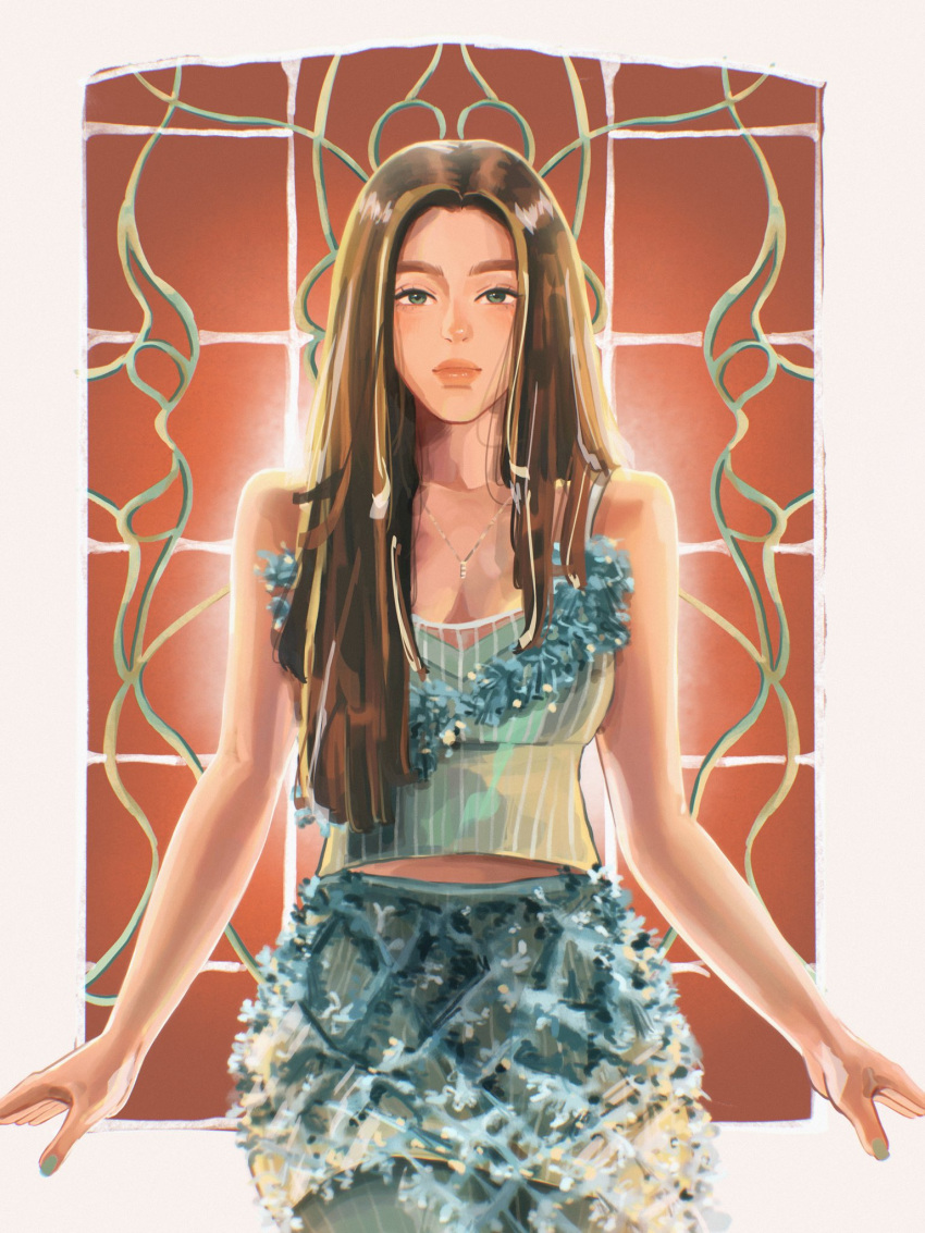 Safebooru - 1girl artduchin blue nails blue shirt blue skirt brown hair closed mouth commentary ...