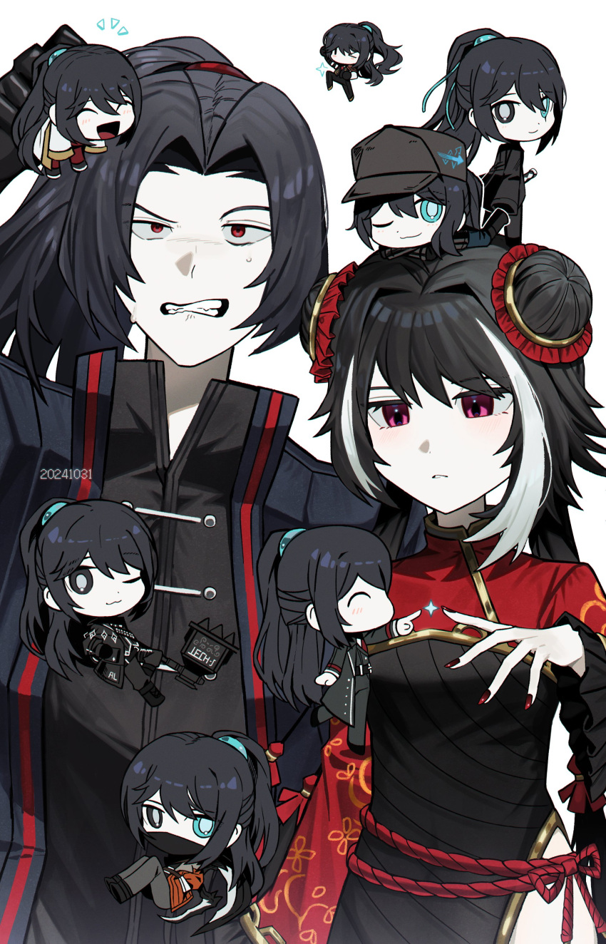 Safebooru - 1girl 6+boys absurdres asdf1211950 black coat black hair chibi clenched teeth closed ...