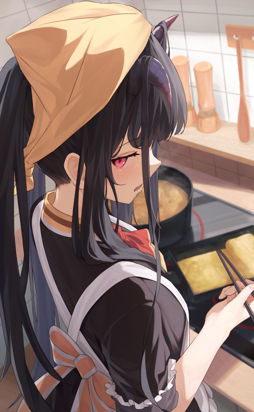 Safebooru - 1girl apron black hair black horns black serafuku black shirt blue archive blush bow ...
