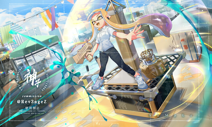 Safebooru - 1girl big bubbler (splatoon) black pants blonde hair blue ...