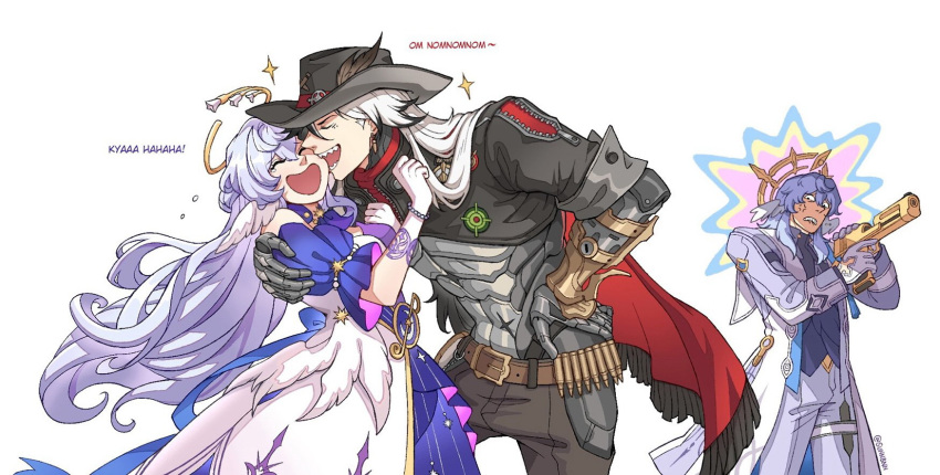 Safebooru - 1girl 2boys angry biting own lip black hair boothill ...