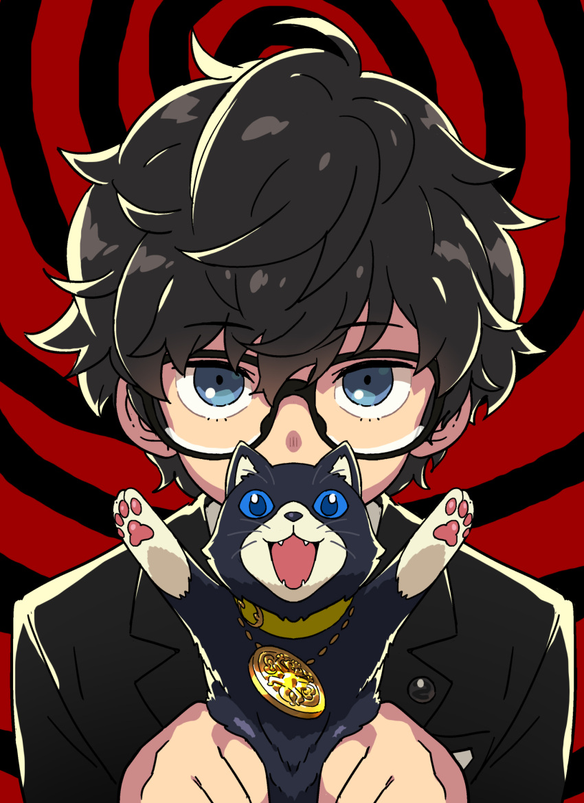 Safebooru - 1boy amamiya ren animal black-framed eyewear black background black cat black hair ...