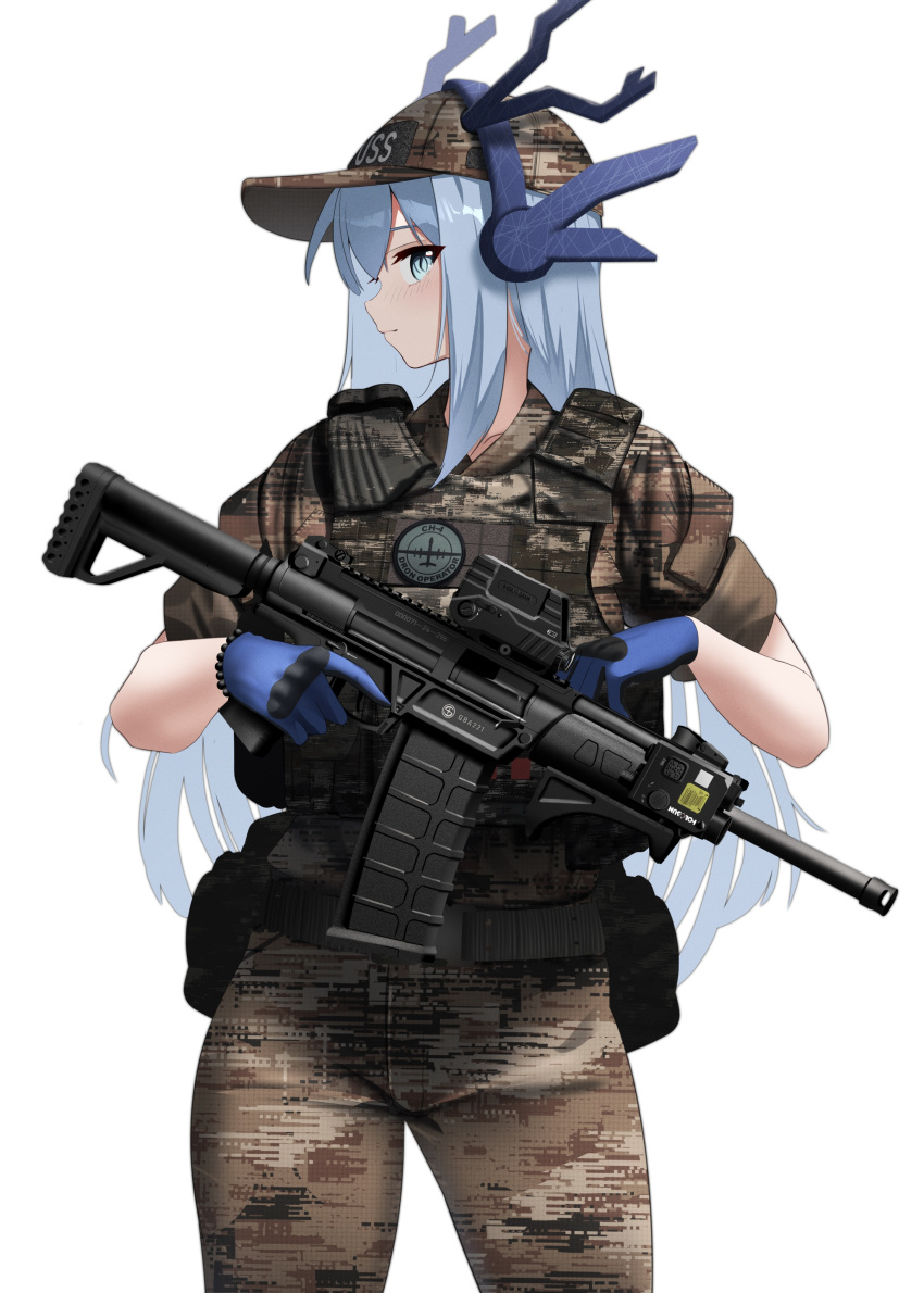 Safebooru - 1girl absurdres baseball cap blue eyes blue gloves blue hair blush bulletproof vest ...