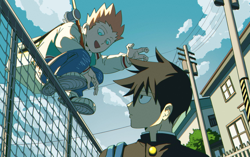 Safebooru - 2boys black eyes black hair blue eyes blue pants blue sky box clouds commentary ...