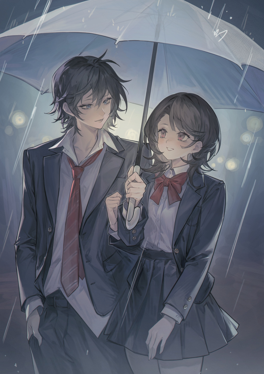 Safebooru - 1boy 1girl absurdres bishounen black hair blazer blue eyes blue jacket blue pants ...