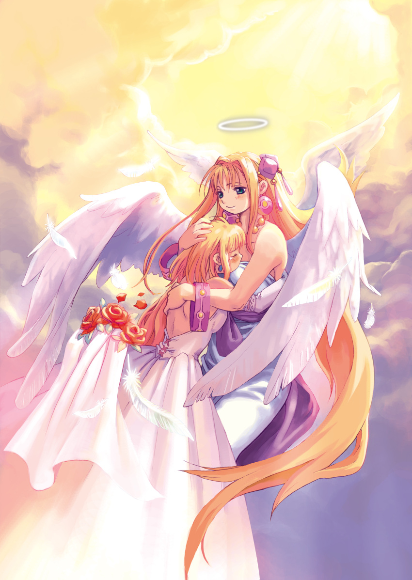 Safebooru - 2girls absurdly long hair absurdres angel angel wings blonde hair blush bracelet ...
