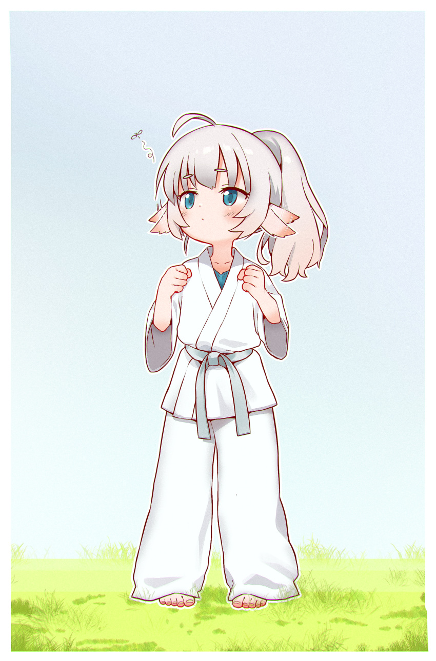 Safebooru - 1girl absurdres ahoge animal ears arms up barefoot belt ...