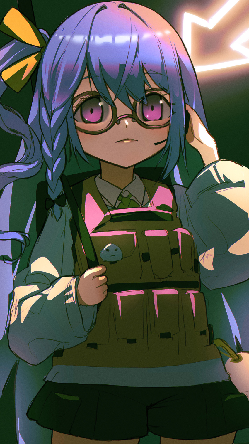 Safebooru - 1girl absurdres backpack bag blue hair body armor braid double-parted bangs glasses ...