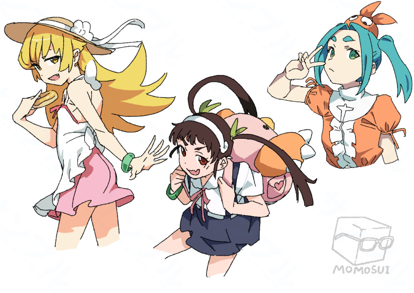 Safebooru - 3girls :d aqua hair artist logo backpack bag bangle bare ...