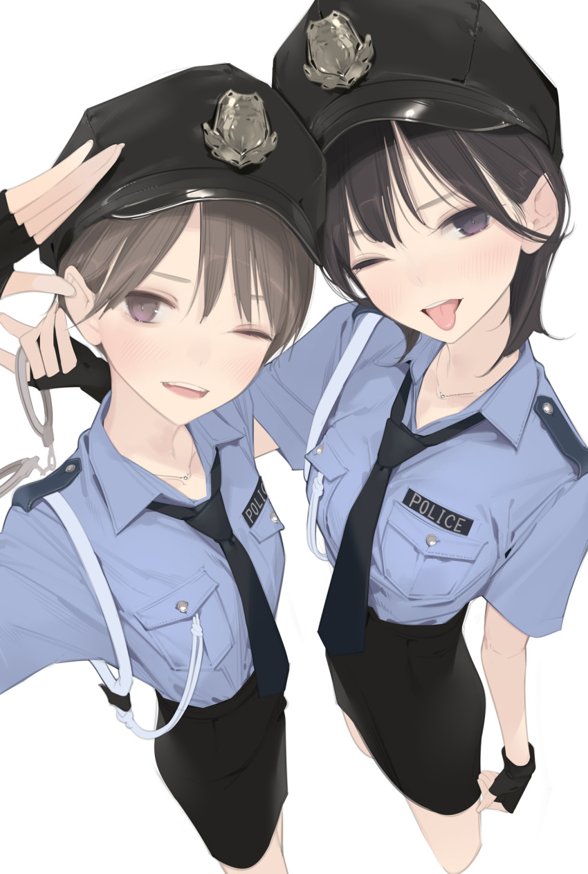 Safebooru - 2girls ama mitsuki black gloves black hair black hat black necktie black skirt blue ...