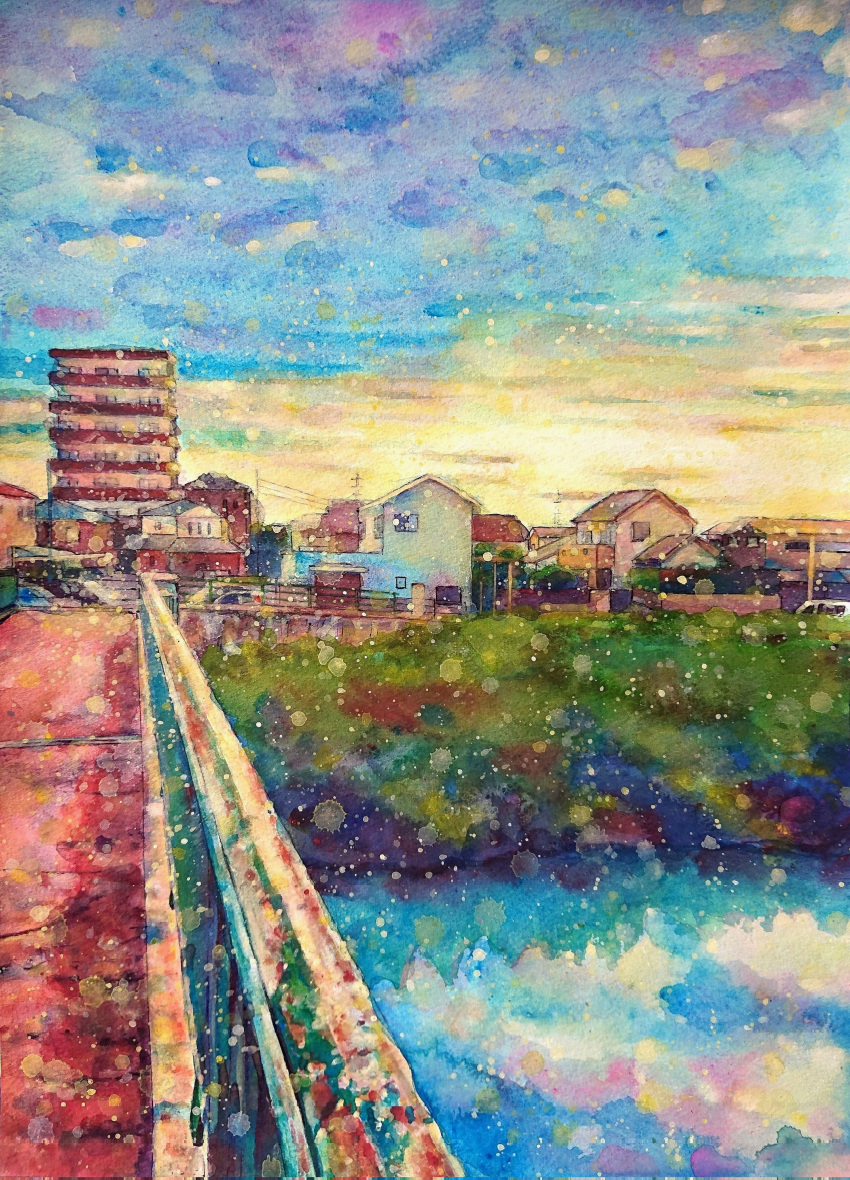 Safebooru - absurdres acrylic paint (medium) apartment blue sky bridge ...