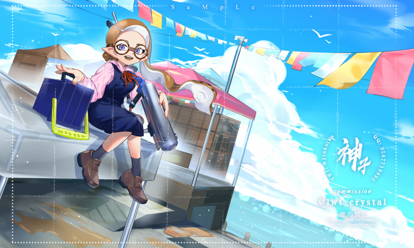 Safebooru - 1girl blue dress blue sky brown footwear brown hair brown ...