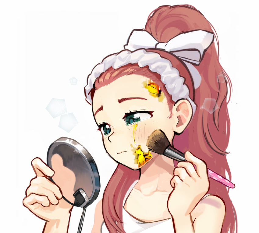 Safebooru - 1girl 482egg applying makeup bangs pinned back brown hair ...