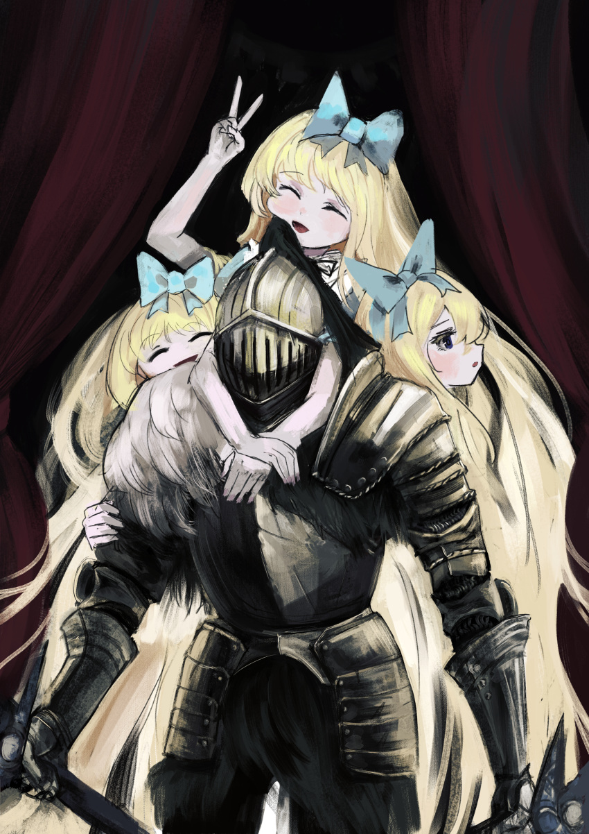Safebooru - 1boy 3girls :d absurdres alice (black souls) armor black background black souls ...