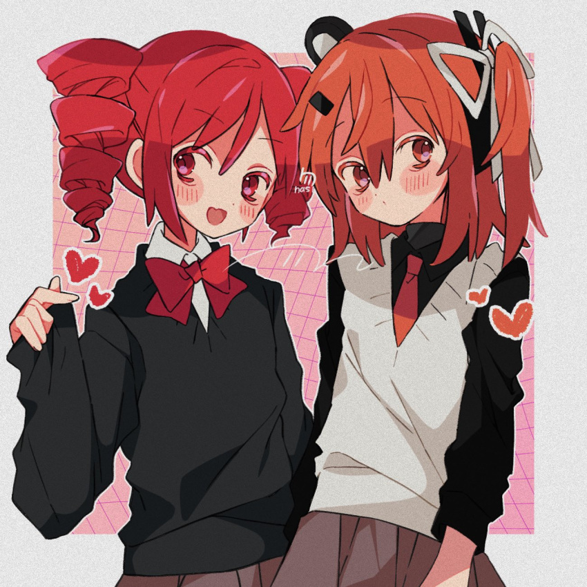 Safebooru - 2girls :d a.i. voice adachi rei alternate costume black shirt black sweater border ...