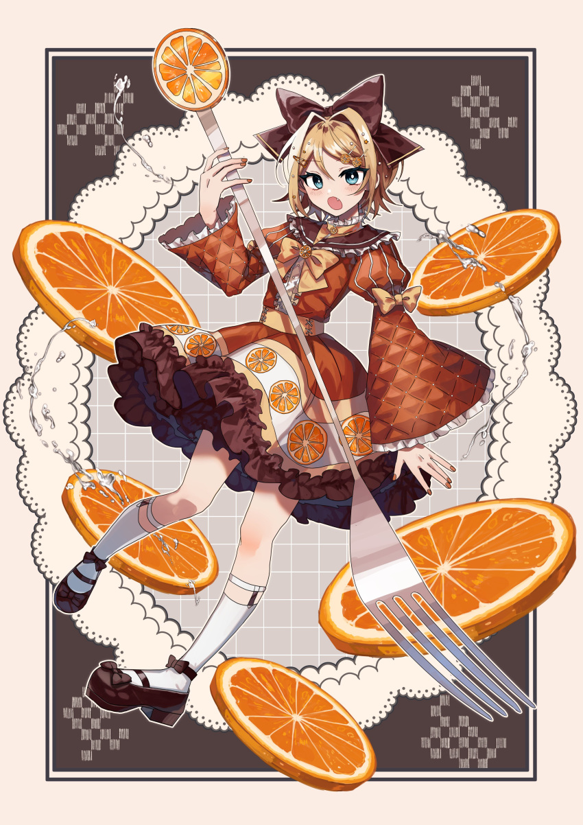 Safebooru - 1girl :o absurdres alternate costume blonde hair blue eyes border bow brown ...