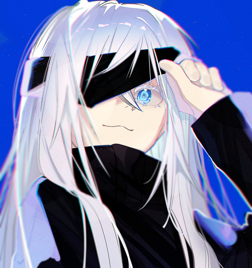 Safebooru - 1girl :3 absurdres black blindfold black jacket blindfold blindfold lift blue ...