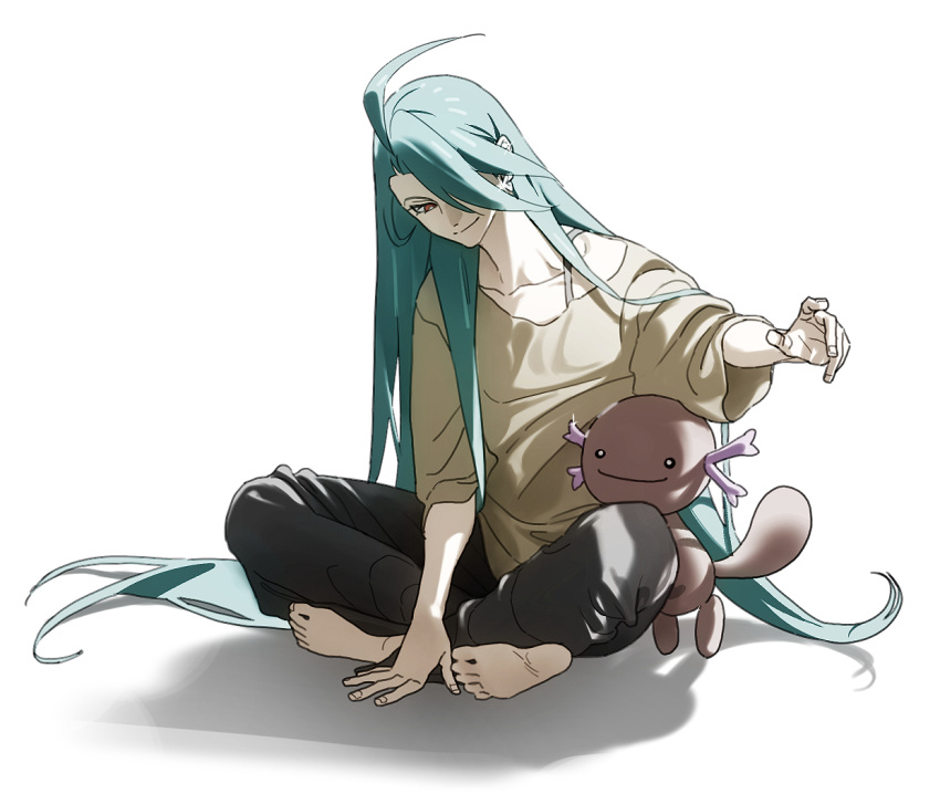 Safebooru - 1girl 987645321o barefoot black pants bra strap closed ...