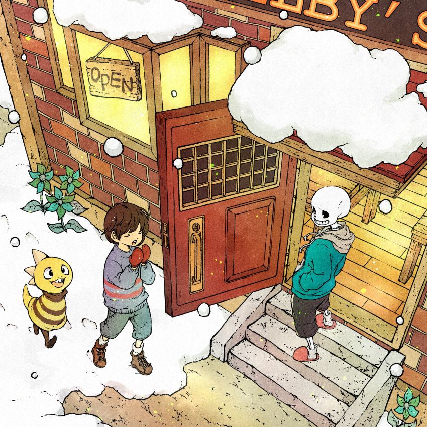 Safebooru - 1boy 2others androgynous brown hair closed eyes door flower ...